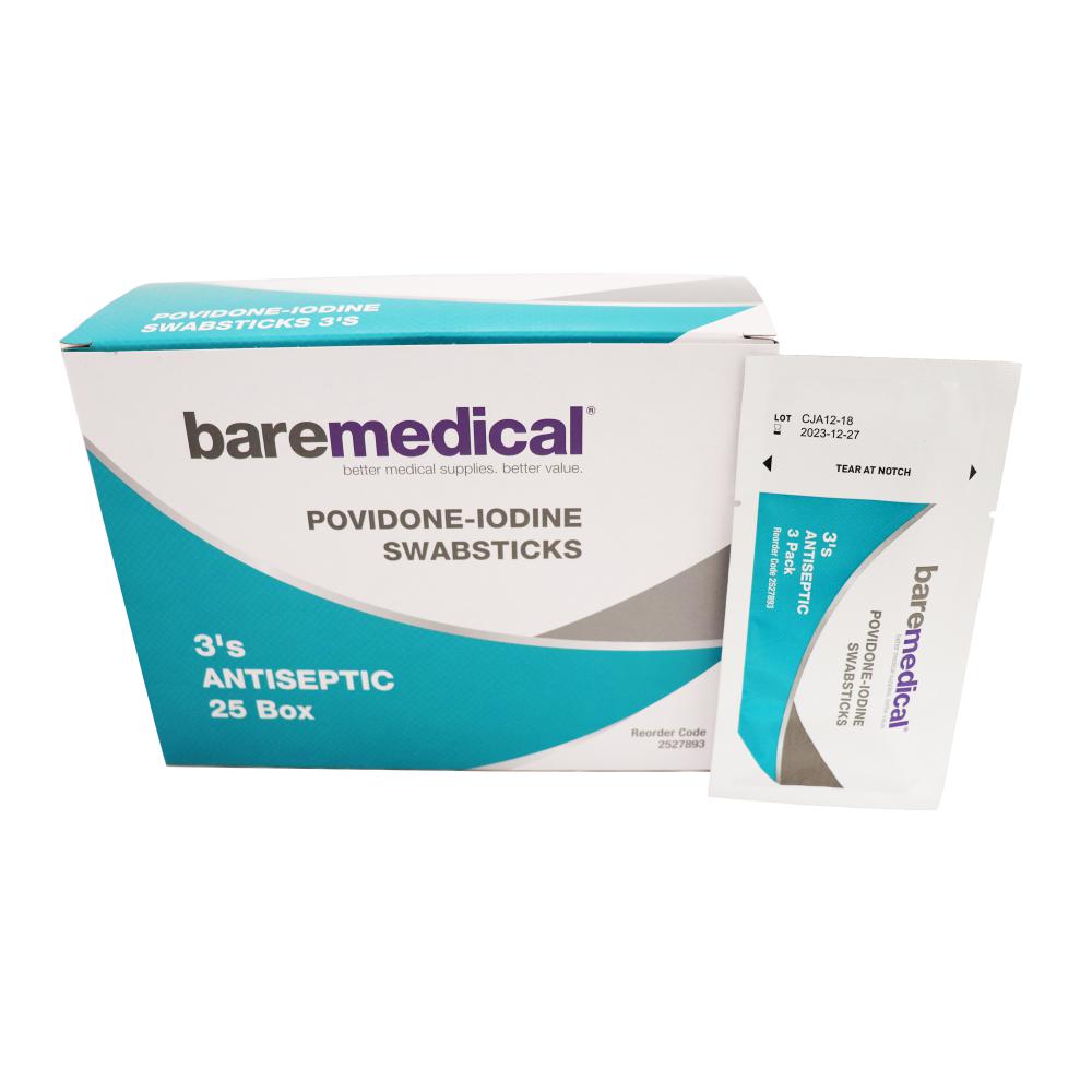 BareMed POVIDONE IODINE SWABSTICK 3s (Box 25) – Topcat Healthcare