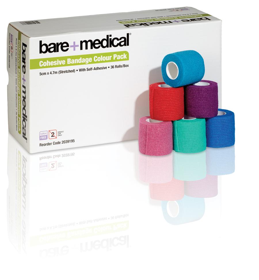 BareMed BANDAGE COHESIVE SELF ADHERENT 5CM X 4.7M COLOUR PACK (Box 36 ...